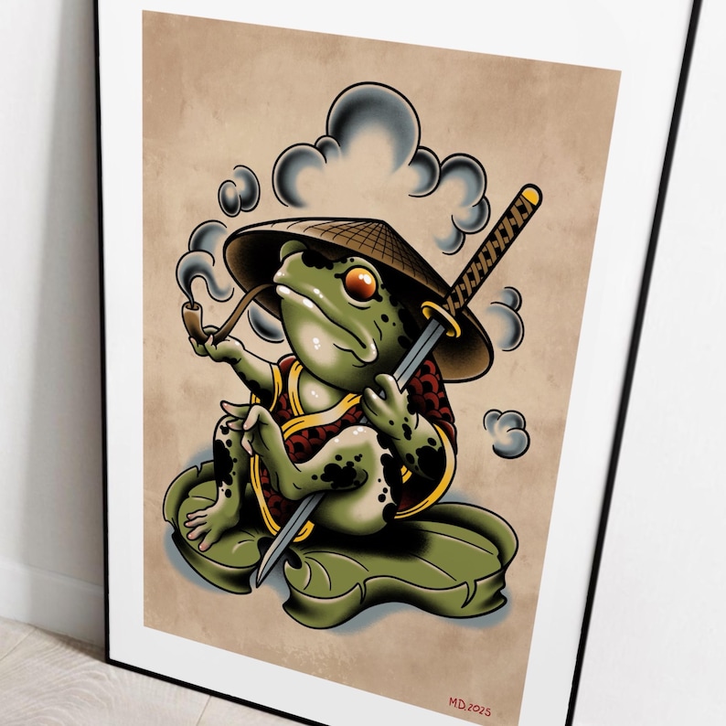 Samurai Frog Tattoo Flash Art Print: Japanese Zen Warrior – Smoking ...