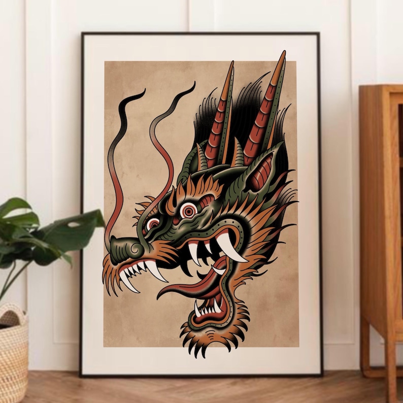 Japanese Dragon Tattoo Art Print – Vintage Style Flash Poster ...