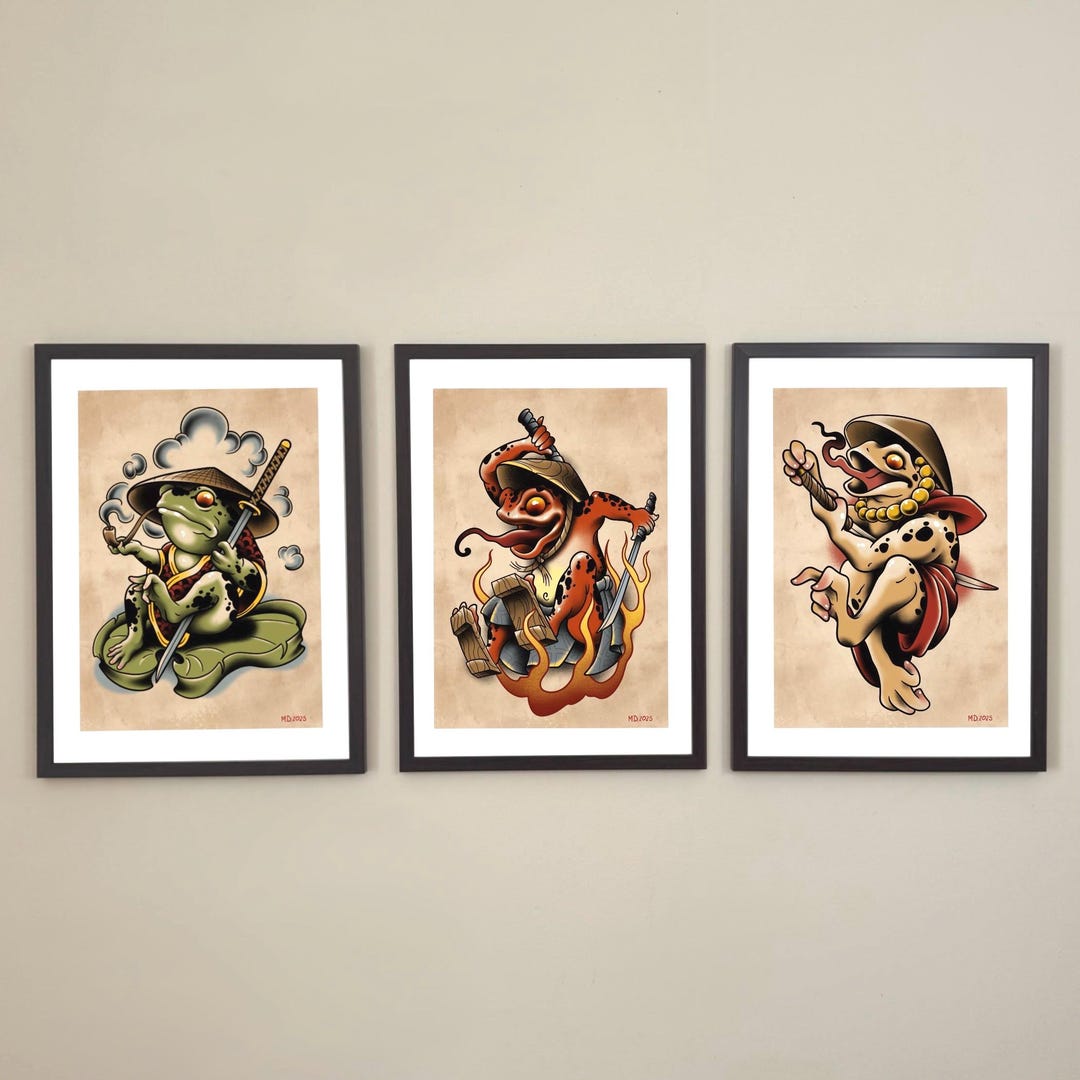 Samurai Frog, Traditional Tattoo Print Set, Toad Warrior Wall Art ...