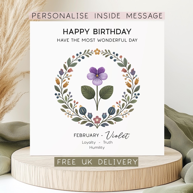 February Birth Flower Card, Violet Floral Birthday Greeting ...