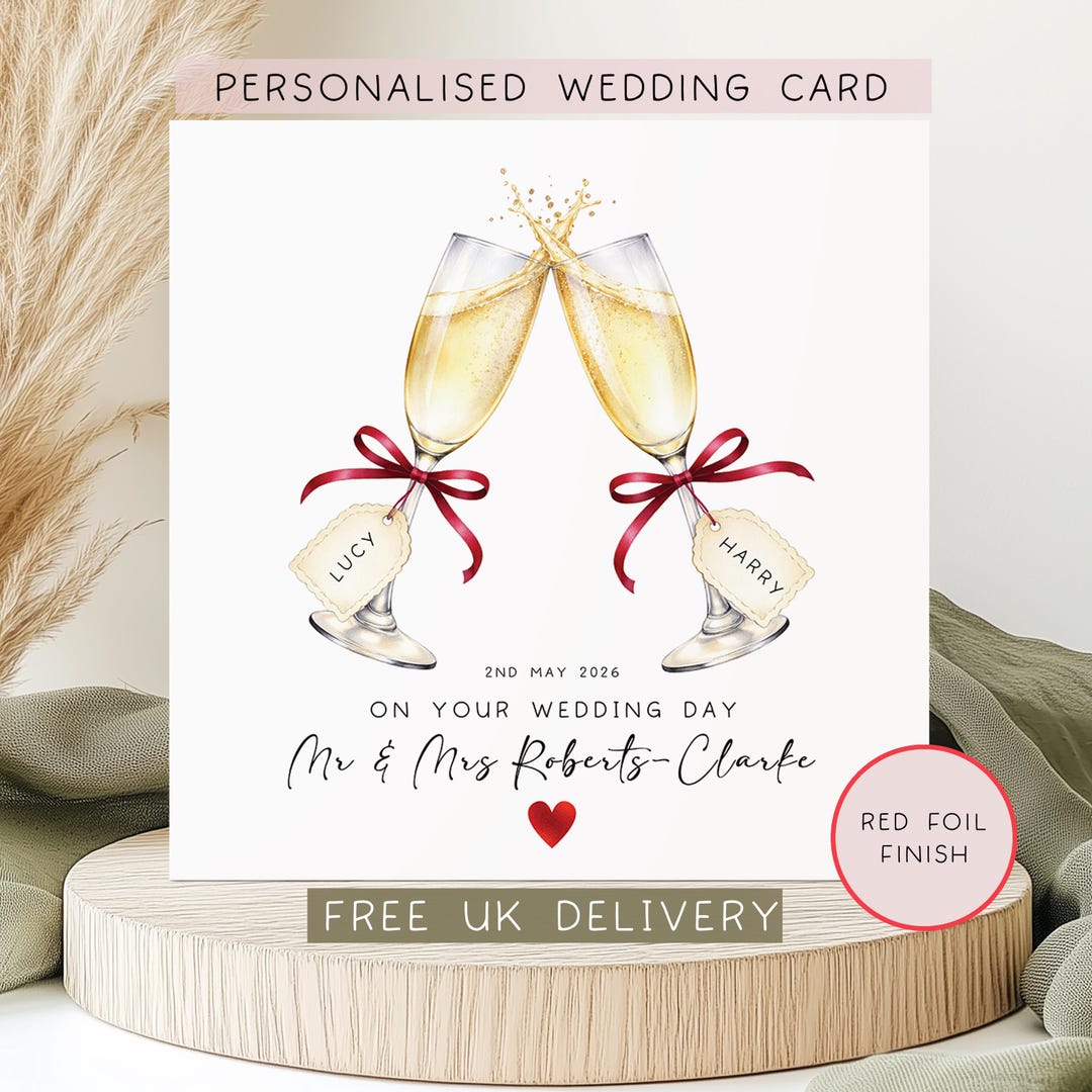 Personalised Wedding Card, Champagne Glasses, Mr Mrs Custom Name, Red ...