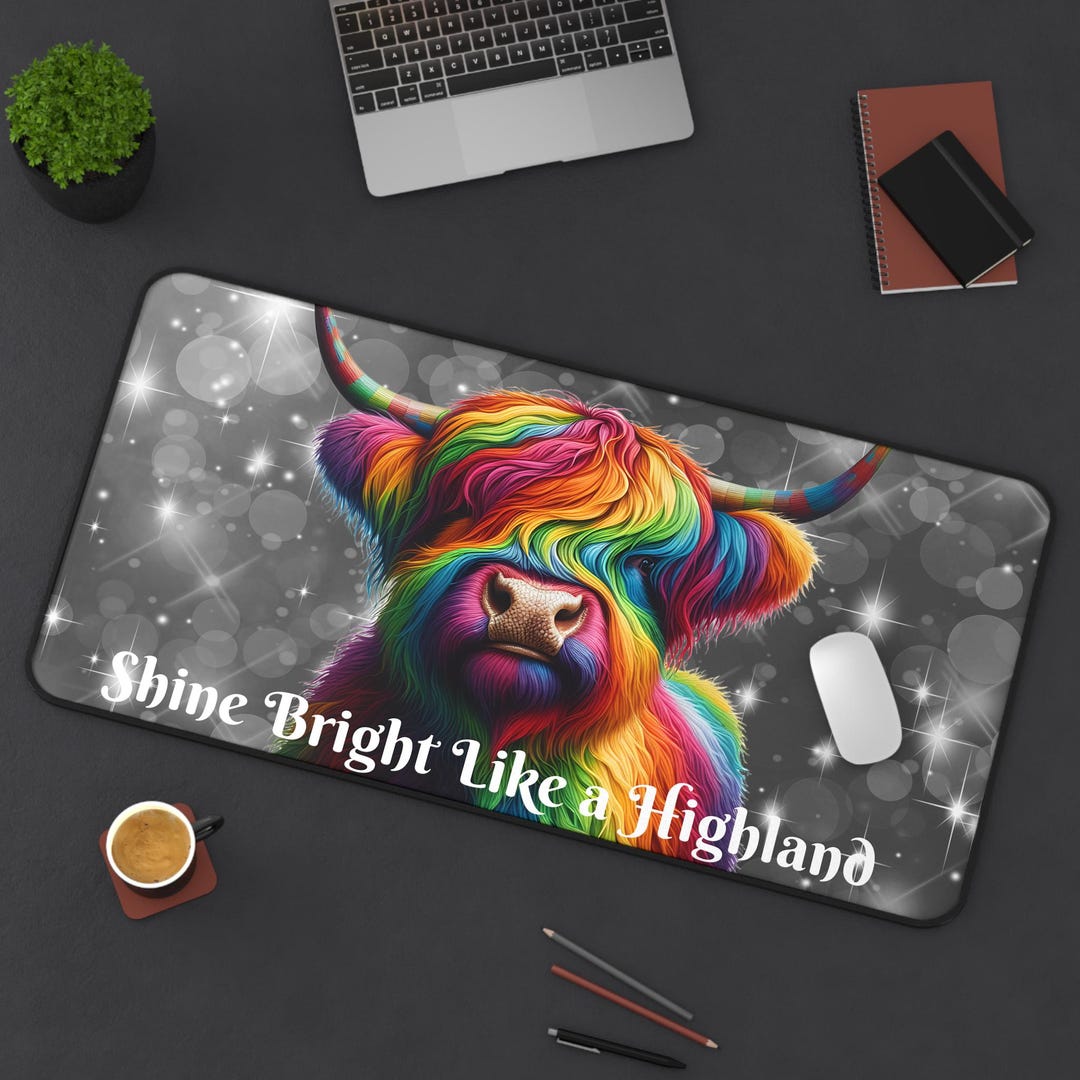 Funny Highland Cow Desk Mat, Rainbow Vibrant Home Office Decor, Mouse ...