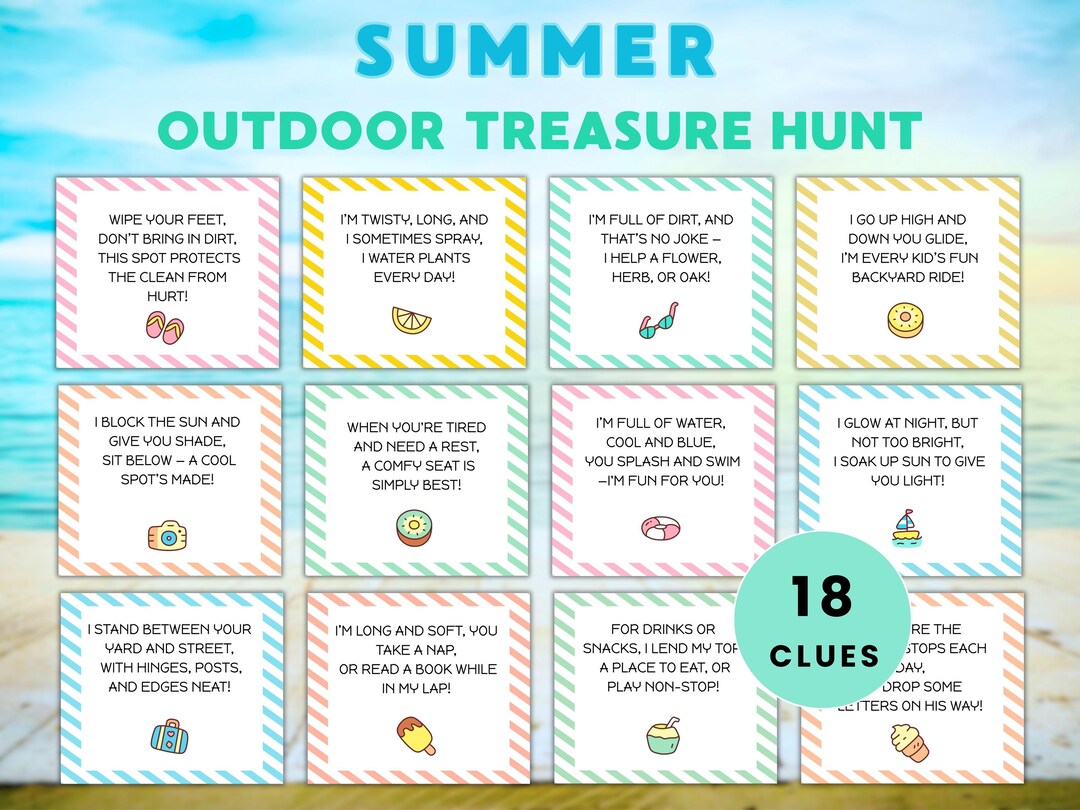 Summer Outdoor Scavenger Hunt for Kids, Summer Treasure Hunt Clues ...