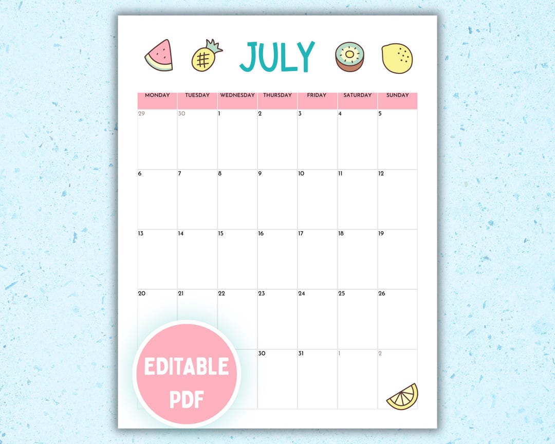 Editable July 2026 Calendar, Fillable Monthly Planner, Monthly Family ...