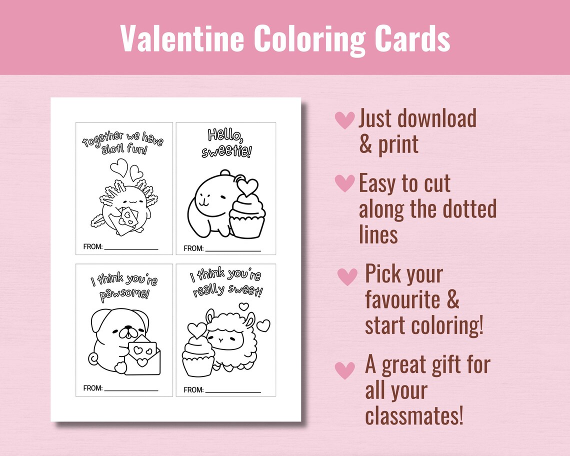 Valentines Coloring Cards for Kids, 24 Printable Valentine's Day Cards ...