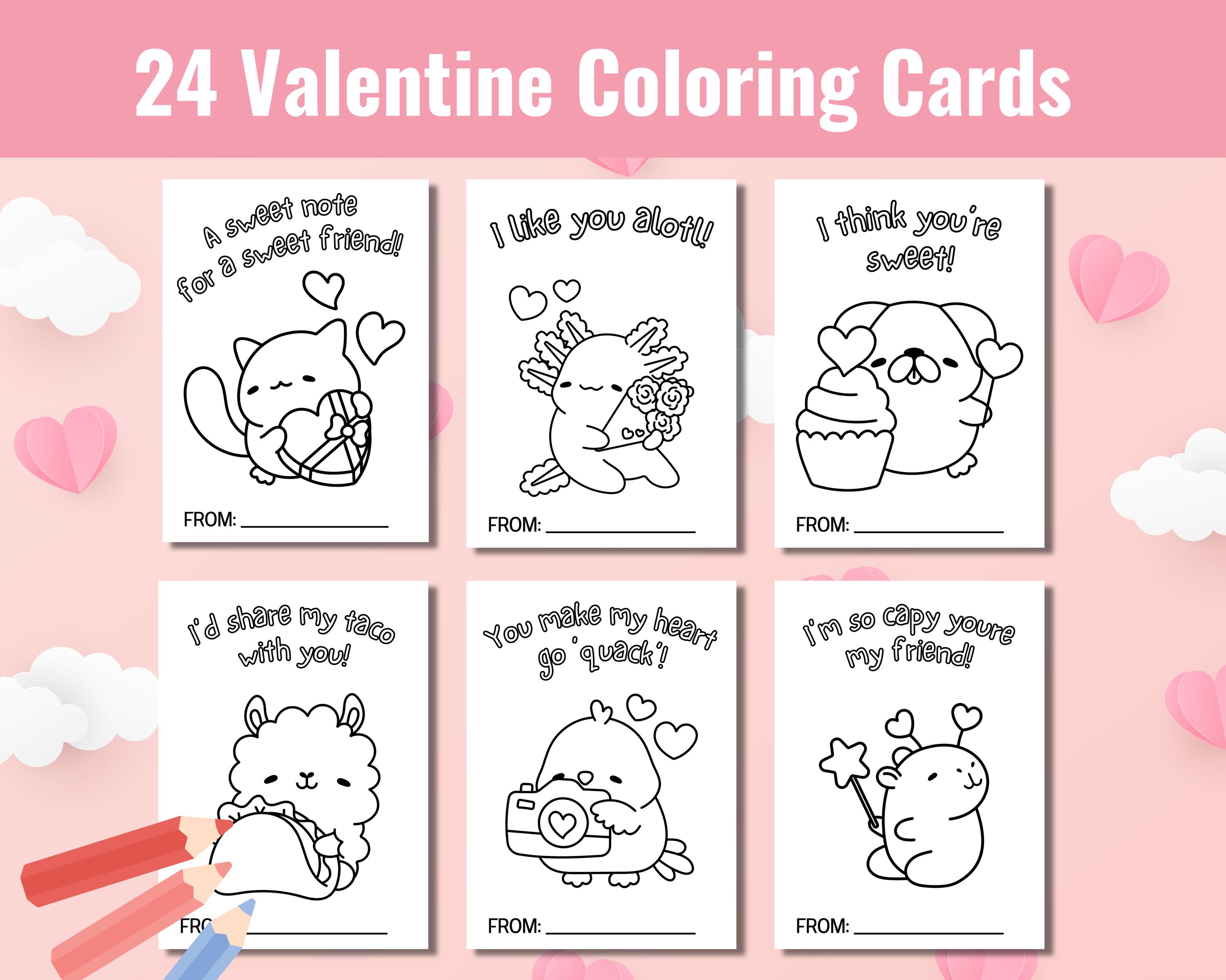 Valentines Coloring Cards for Kids, 24 Printable Valentine's Day Cards ...