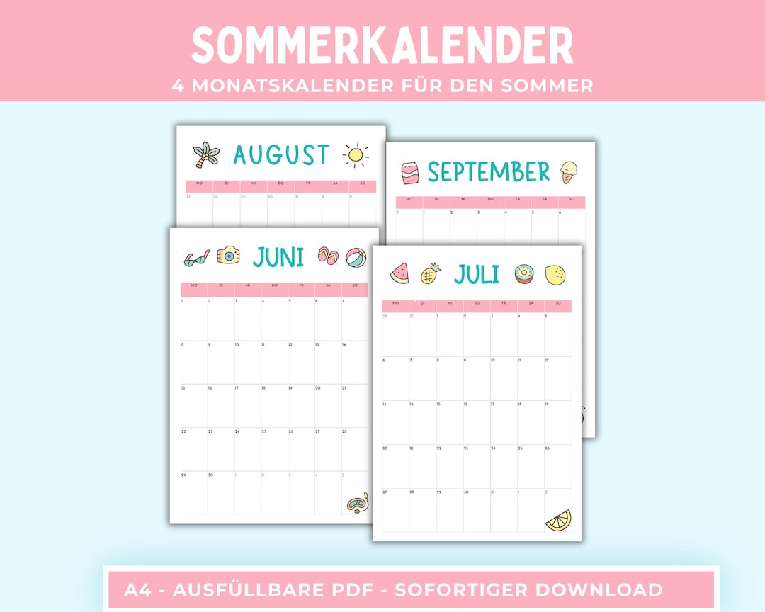 German Editable Summer 2026 Calendar, Fillable Monthly Planner June ...