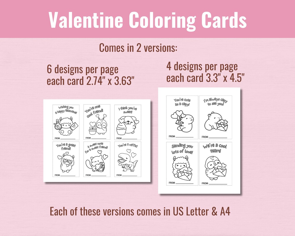Valentines Coloring Cards for Kids, 24 Printable Valentine's Day Cards ...