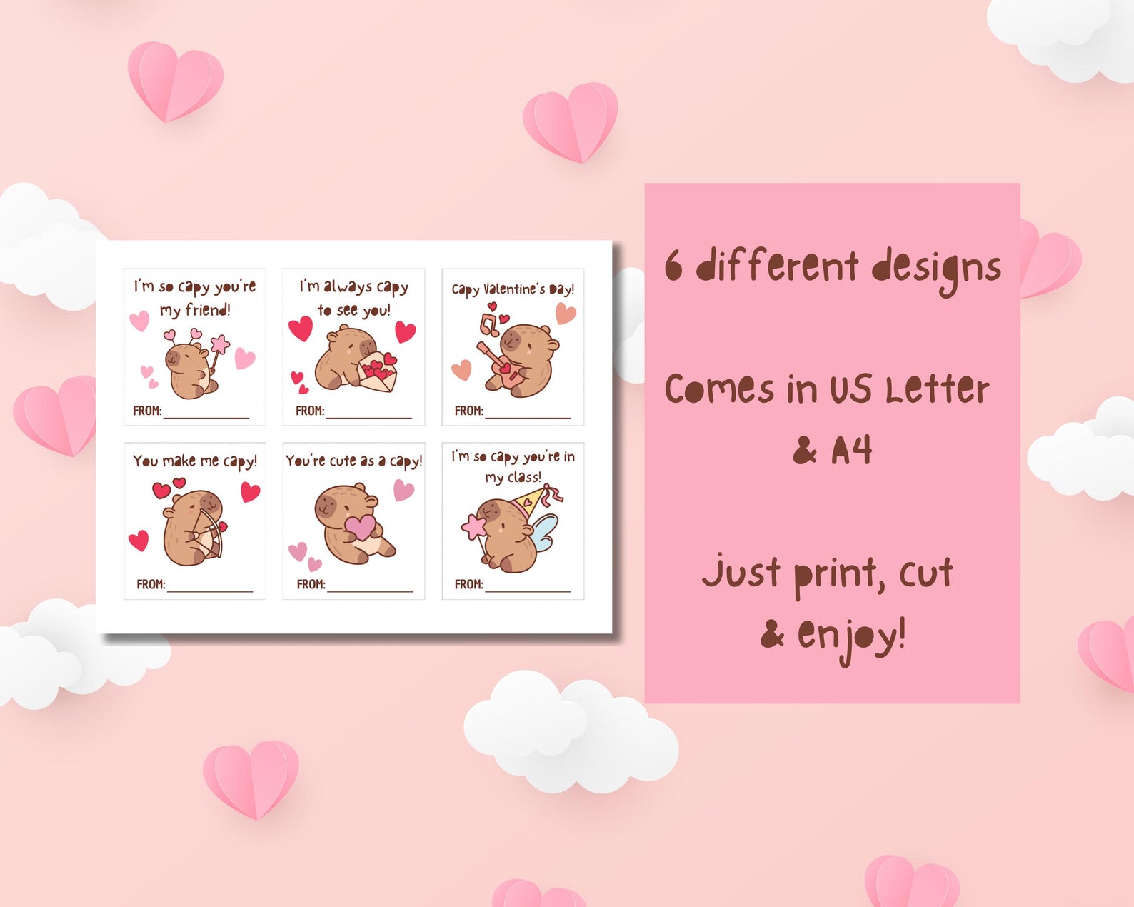 Capybara Valentine's Day Cards for Kids, Teens, Classroom Valentines - Etsy