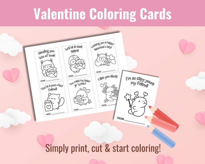 Valentines Coloring Cards for Kids, 24 Printable Valentine's Day Cards ...