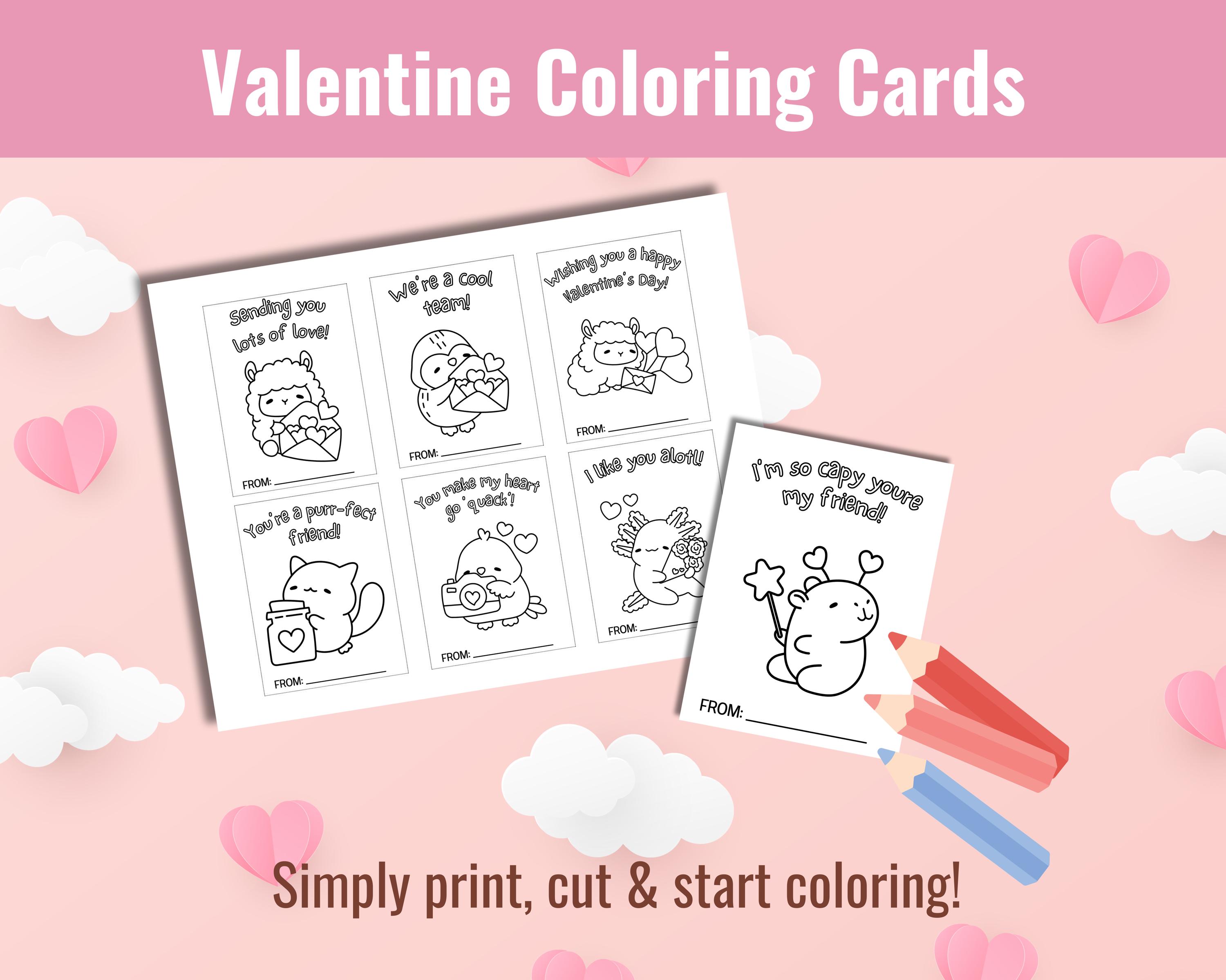Valentines Coloring Cards for Kids, 24 Printable Valentine's Day Cards ...