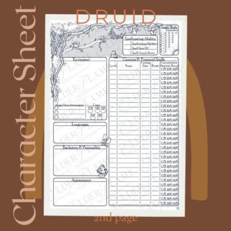 Druid Character Sheet 5E Printable & Digital Dnd 5th Edition PDF ...