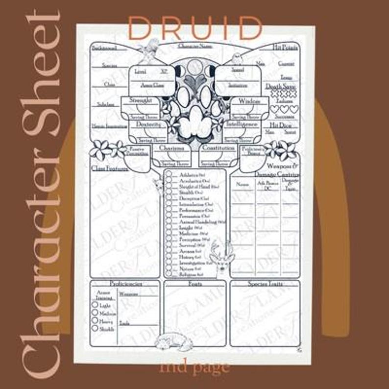 Druid Character Sheet 5E Printable & Digital Dnd 5th Edition PDF ...