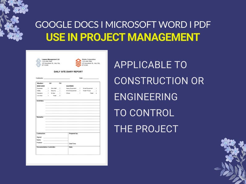 Daily Site Diary Report Template | MS Word & Google Docs | Construction ...