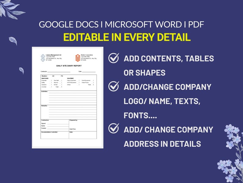 Daily Site Diary Report Template | MS Word & Google Docs | Construction ...
