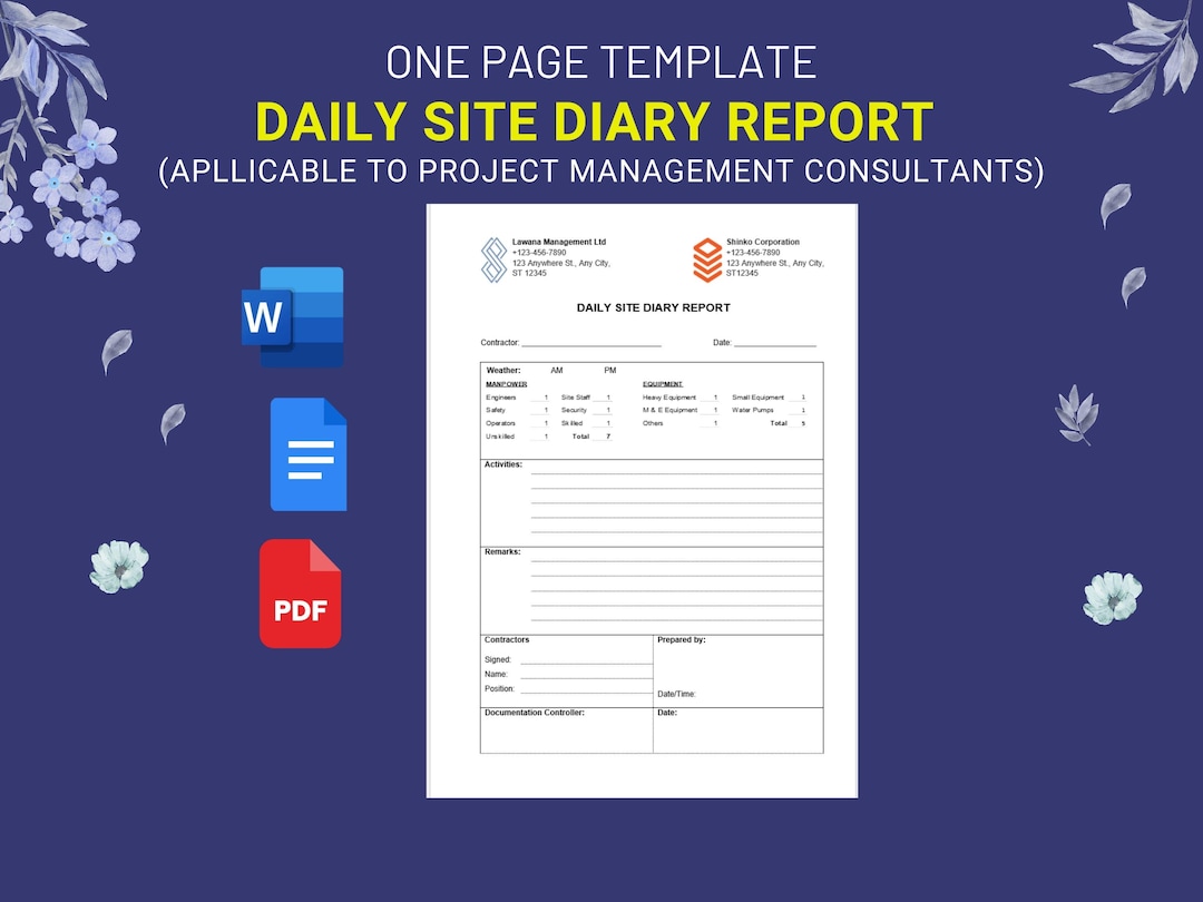 Daily Site Diary Report Template | MS Word & Google Docs | Construction ...