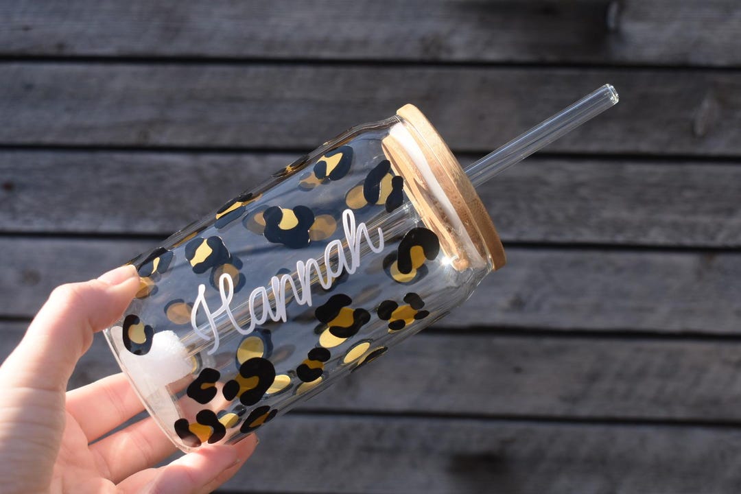 Personalised Leopard Print Cup – Custom Name Glass Mug – Reusable Iced ...