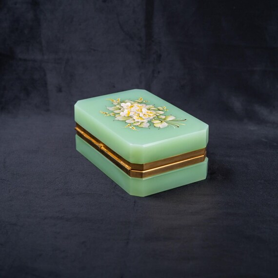 Antique Opaline Glass Box GREEN Italian Painted Trink… - Gem