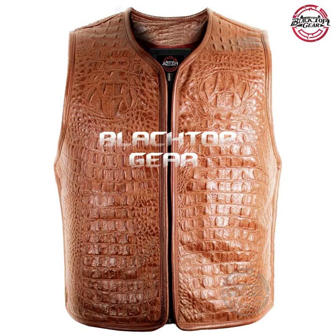 Distressed Brown Leather Vest Cowhide Leather Alligator Embossed ...