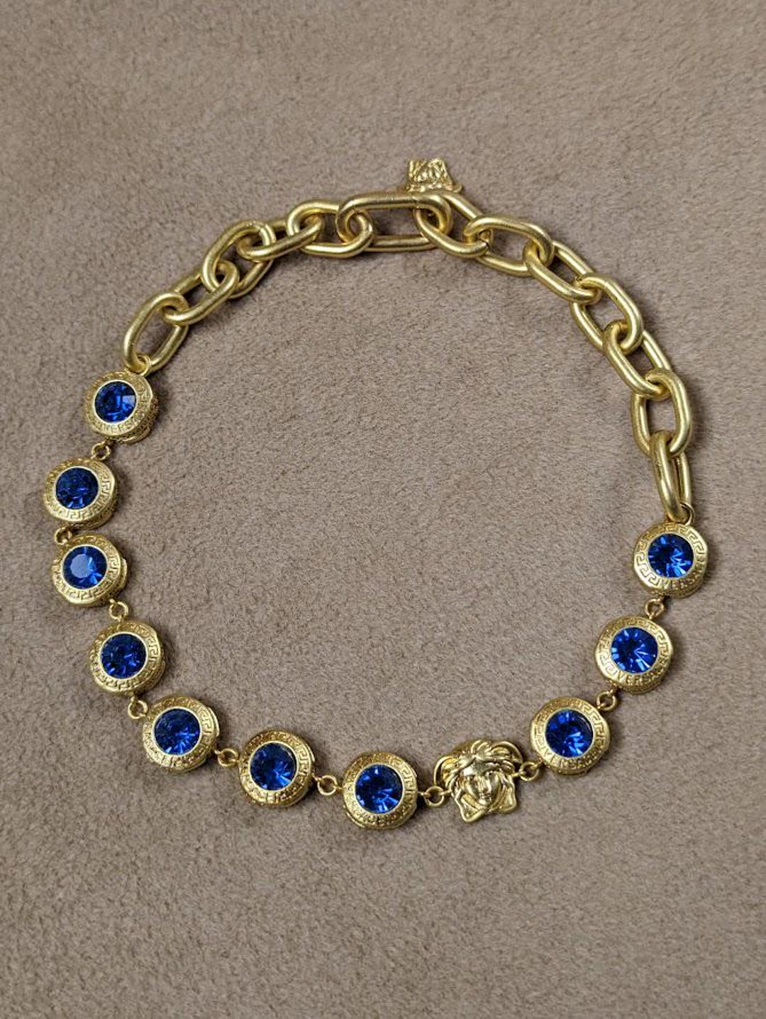 Versace Gold Medusa Medallion Blue Crystals Charms Heavy Chain Necklace ...