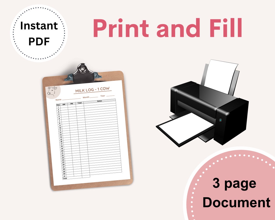 Cow Milking Log Print and Fill digital PDF File Instant - Etsy