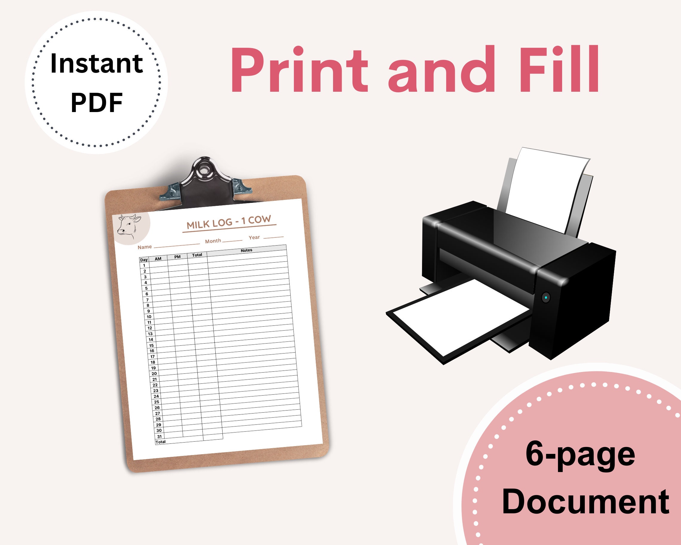 Cow Milking Log | Print and Fill |digital PDF File| Instant Download - Etsy