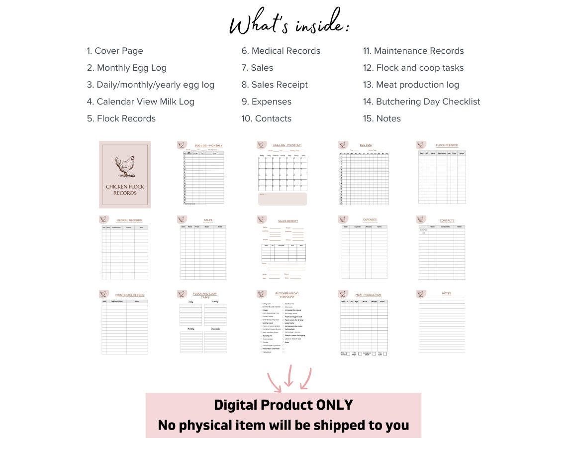 Chicken Logs Flock Management Records, Printable PDF, Farmer Gift, Egg ...