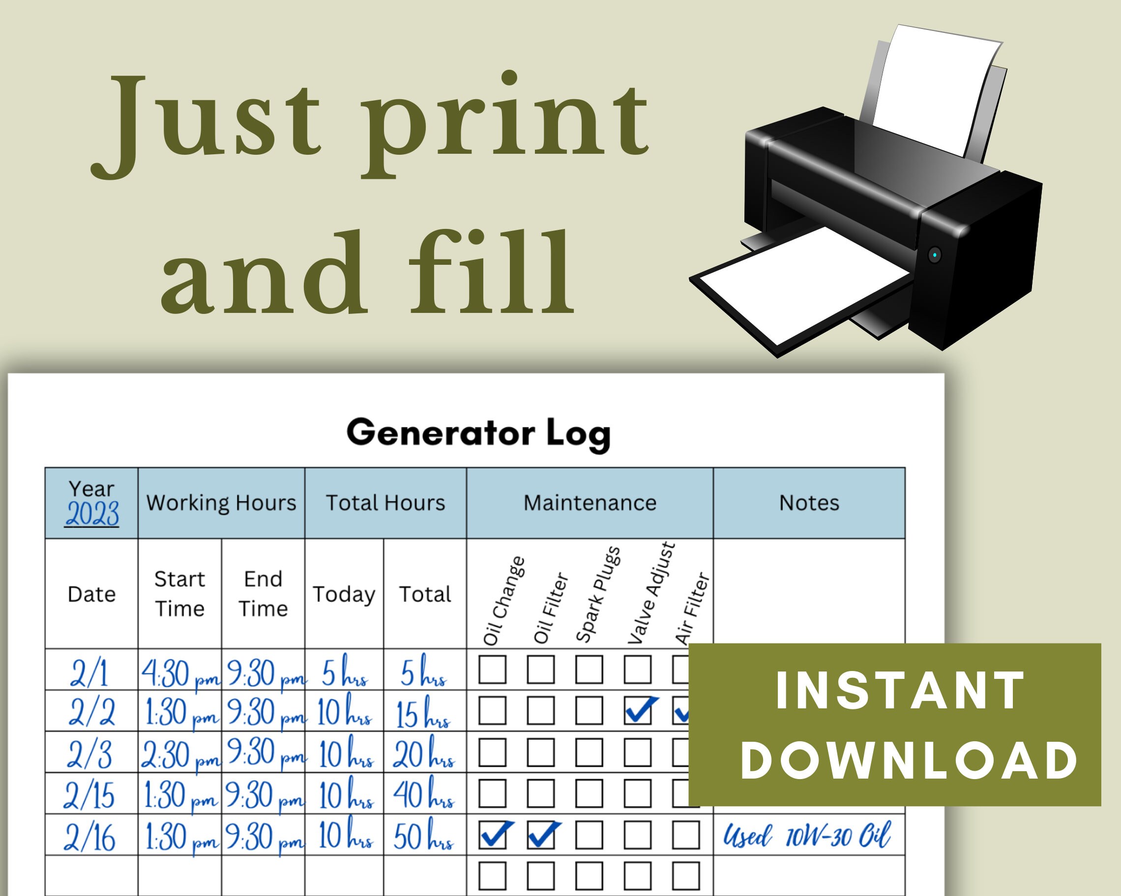 Off-grid Generator Log | Track Maintenance and Running Hours - Print ...