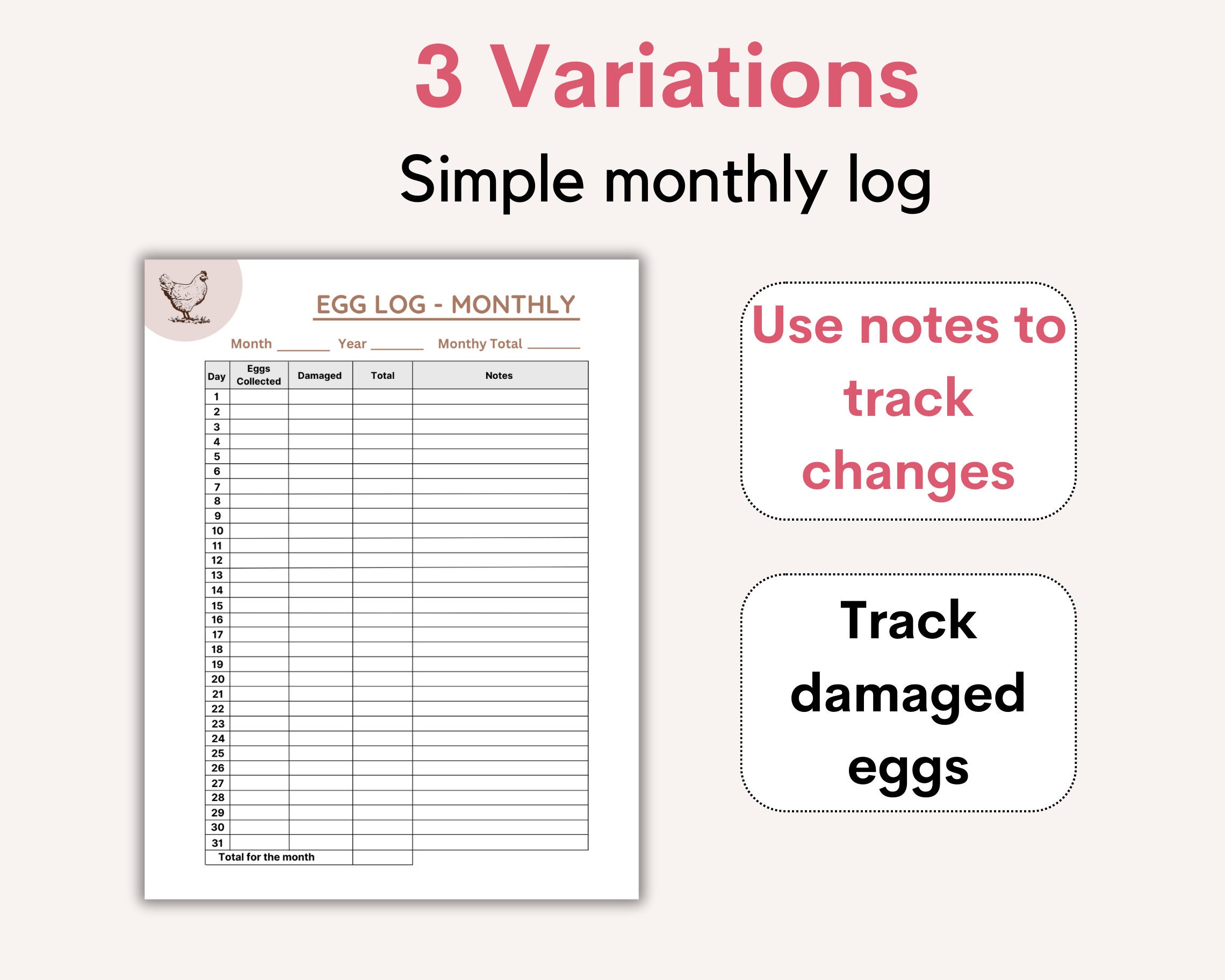 Chicken Egg Log Tracker Journal Management Records, Printable PDF ...