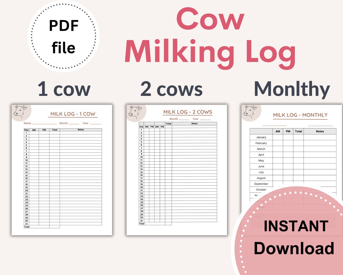 Cow Milking Log | Print and Fill |digital PDF File| Instant Download - Etsy