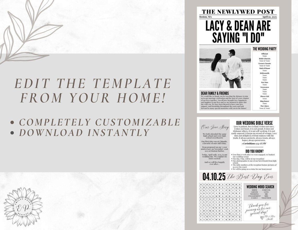 Custom Wedding Newsletter Template: DIY Program & Word Search (digital ...