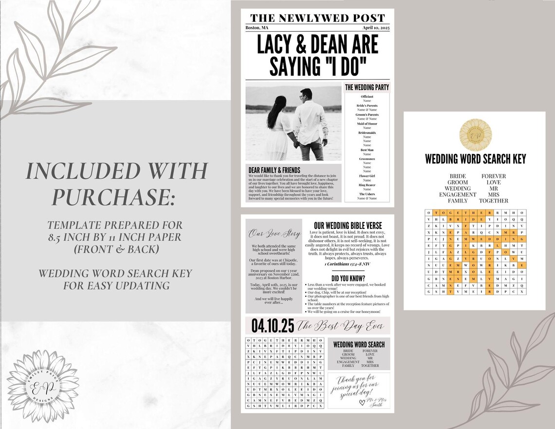 Custom Wedding Newsletter Template: DIY Program & Word Search (digital ...