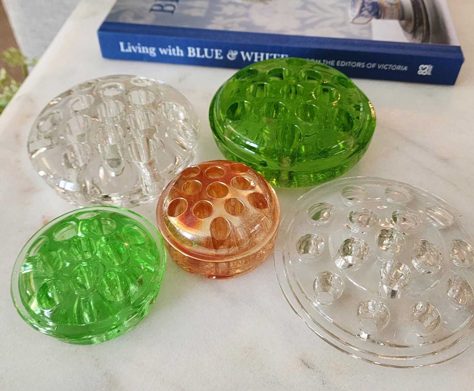 Vintage Glass Flower Frogs! Fantastic Set of Five! Green, Clear ...