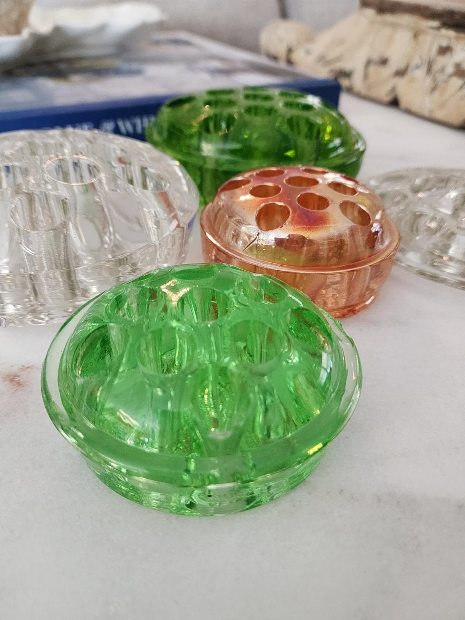 Vintage Glass Flower Frogs! Fantastic Set of Five! Green, Clear ...