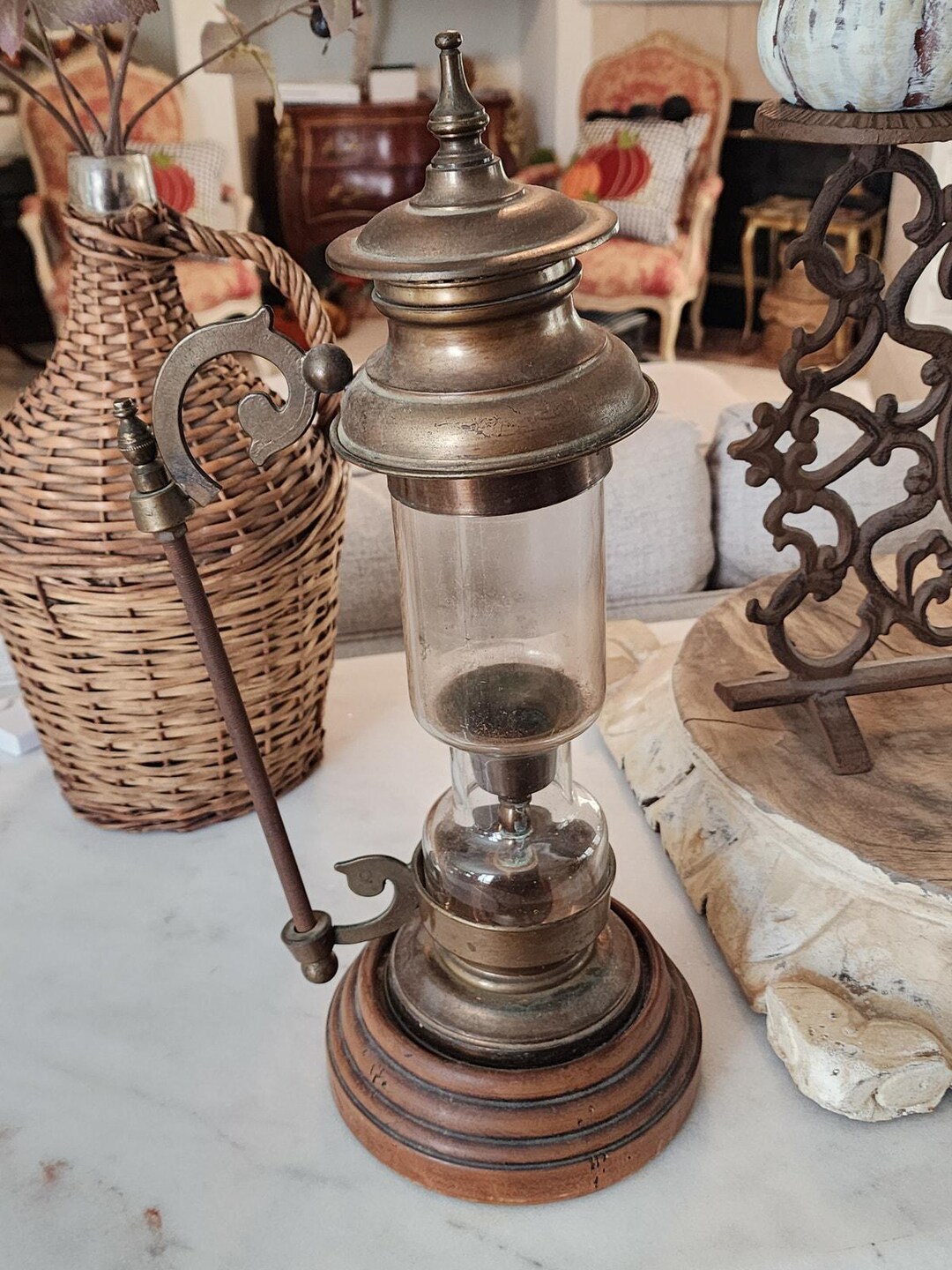Brass and Wood Antique Oil Lantern, Converted to Table Lamp, Read ...