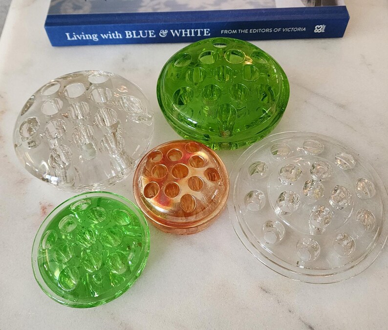 Vintage Glass Flower Frogs! Fantastic Set of Five! Green, Clear ...