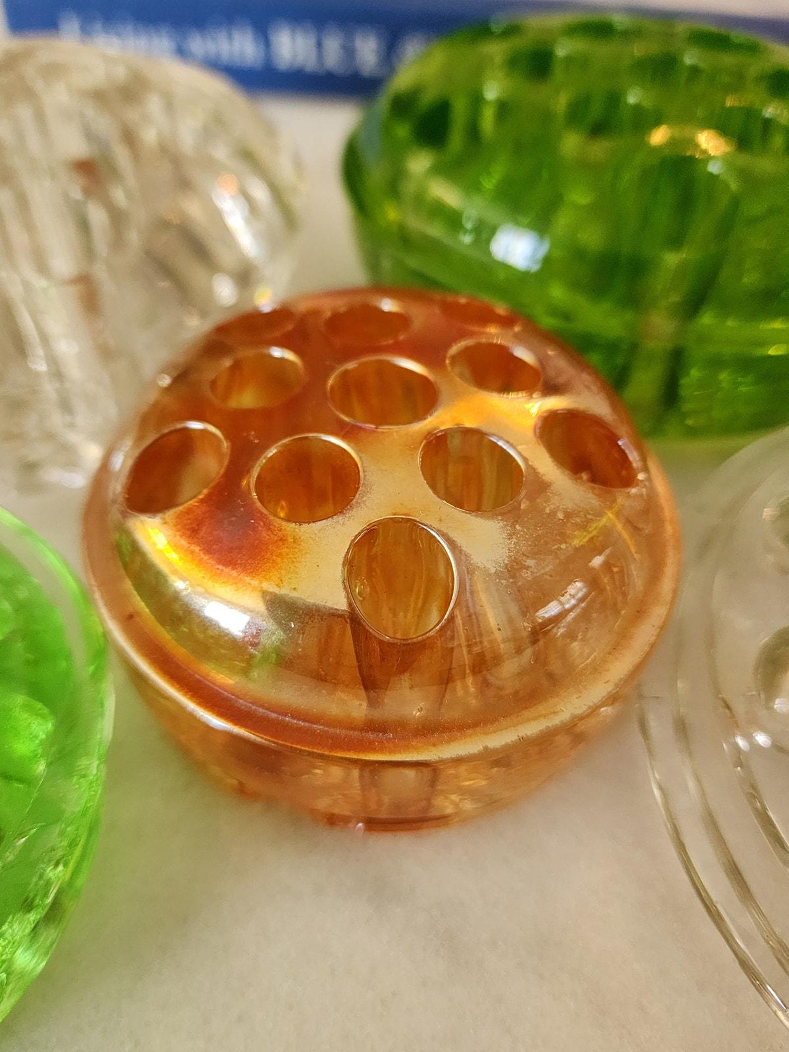 Vintage Glass Flower Frogs! Fantastic Set of Five! Green, Clear ...
