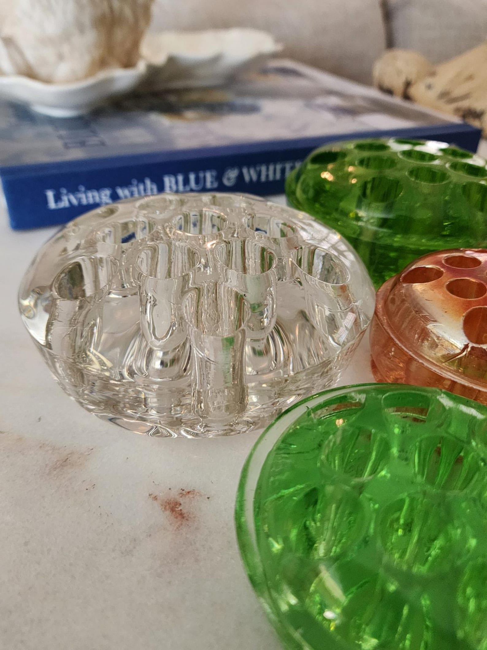 Vintage Glass Flower Frogs! Fantastic Set of Five! Green, Clear ...