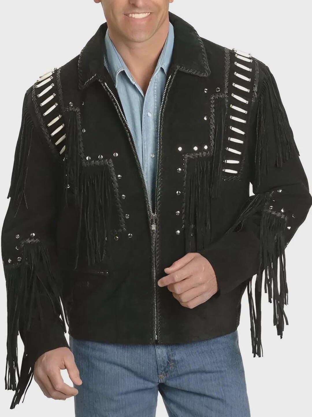 Men's Black Suede Fringe Western Jacket: Beaded Cowboy Style - Etsy