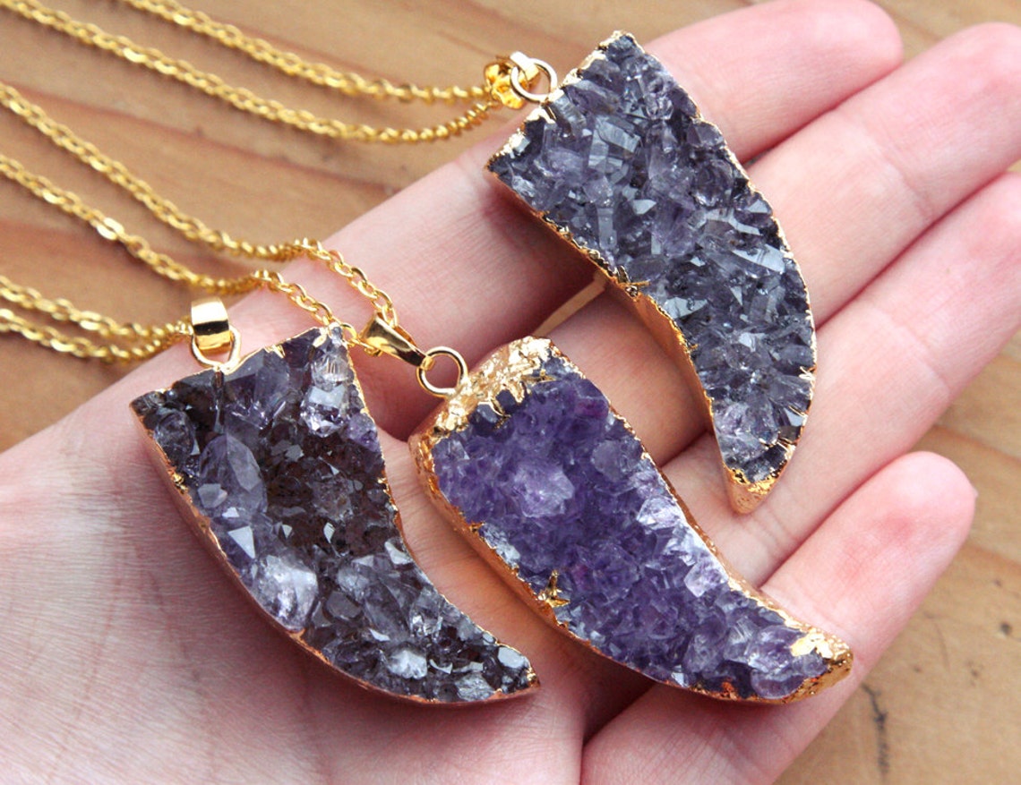 Amethyst Claw Druzy Gold Crystal Necklace Natural Raw Chunky - Etsy