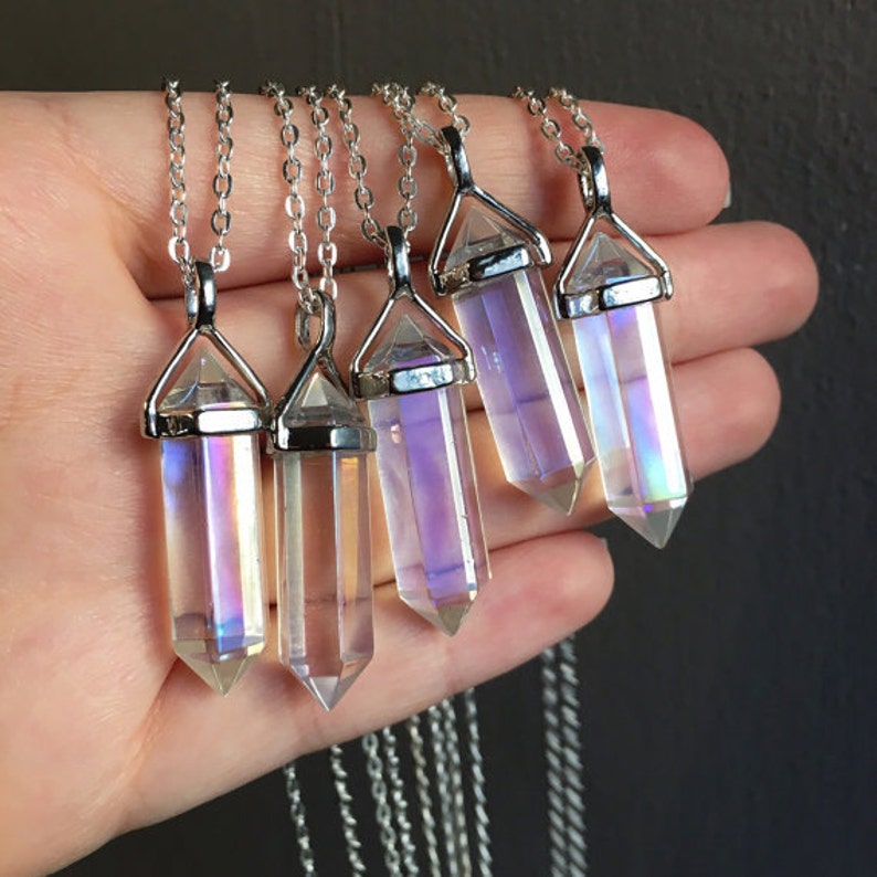 Angel Aura Quartz Pendulum Crystal Necklace Silver Gold | Etsy