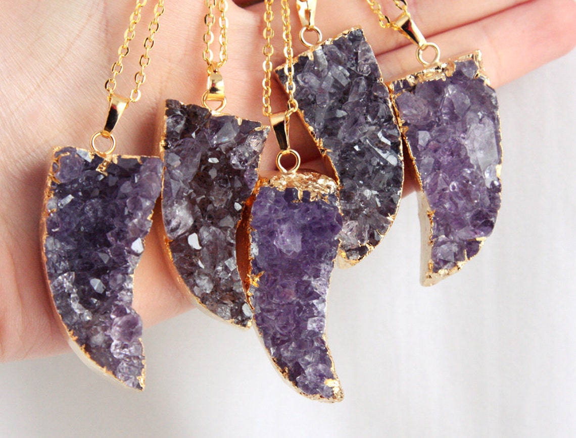 Amethyst Claw Druzy Gold Crystal Necklace Natural Raw Chunky - Etsy
