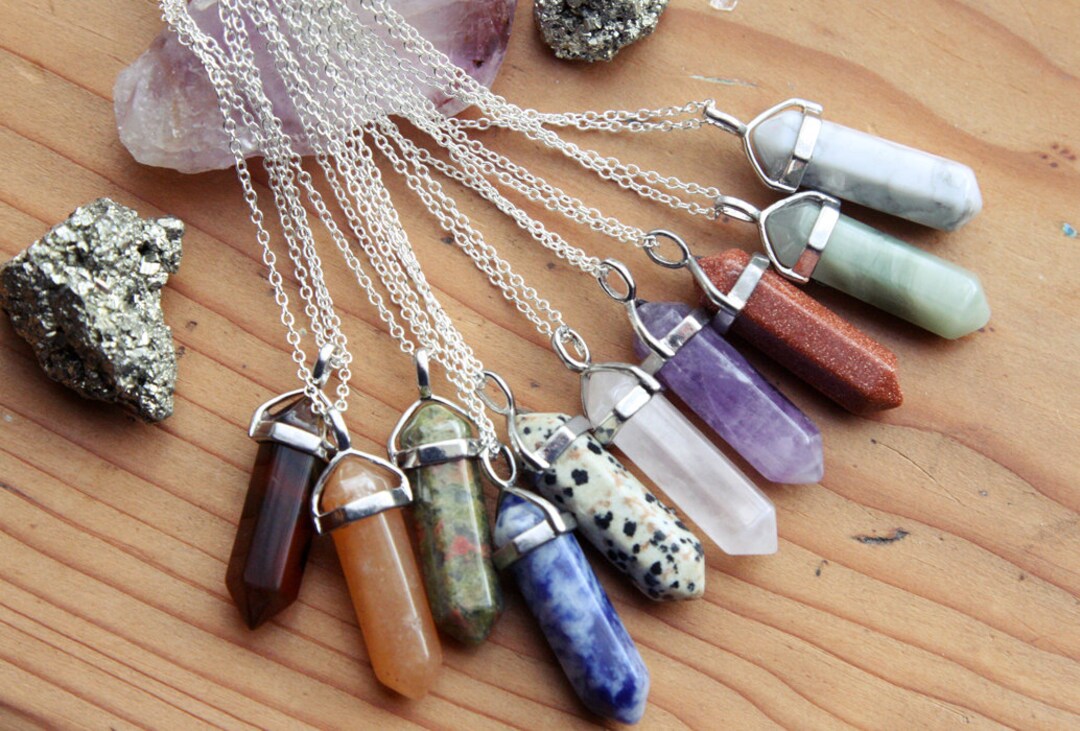Silver Pendulum Crystal Necklace Polished Crystals Genuine Gemstones ...