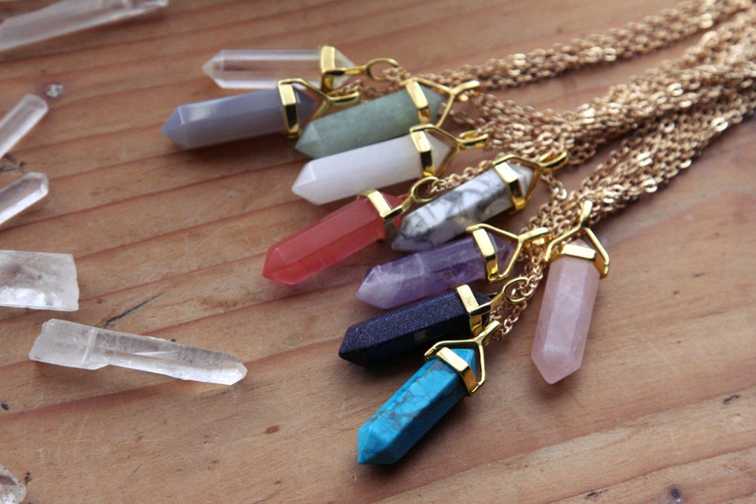 Gold Pendulum Crystal Necklace Polished Crystals Genuine Gemstones ...