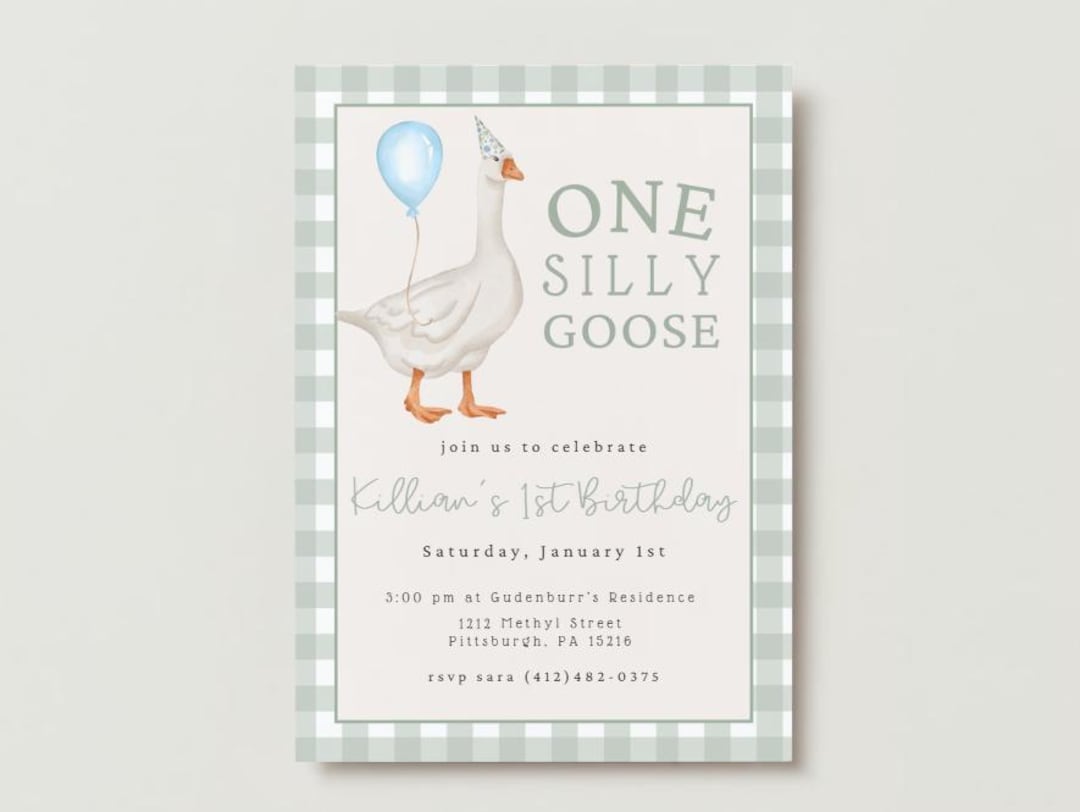 Editable Boy One Silly Goose Birthday Invitation, First Birthday ...