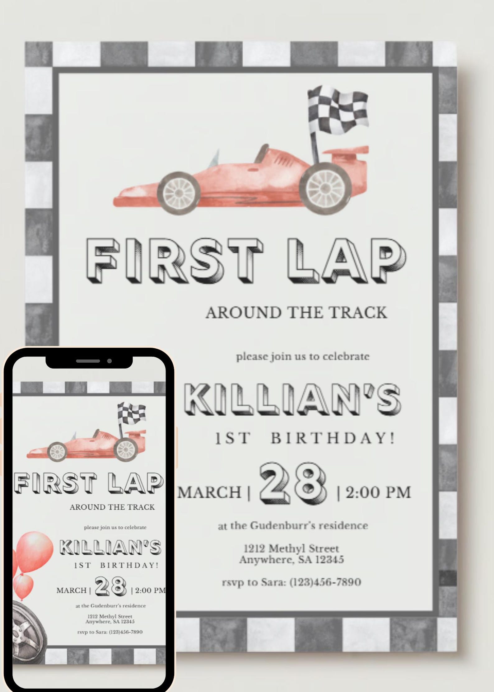 Editable First Lap Birthday Invite, First Birthday Party, Birthday ...