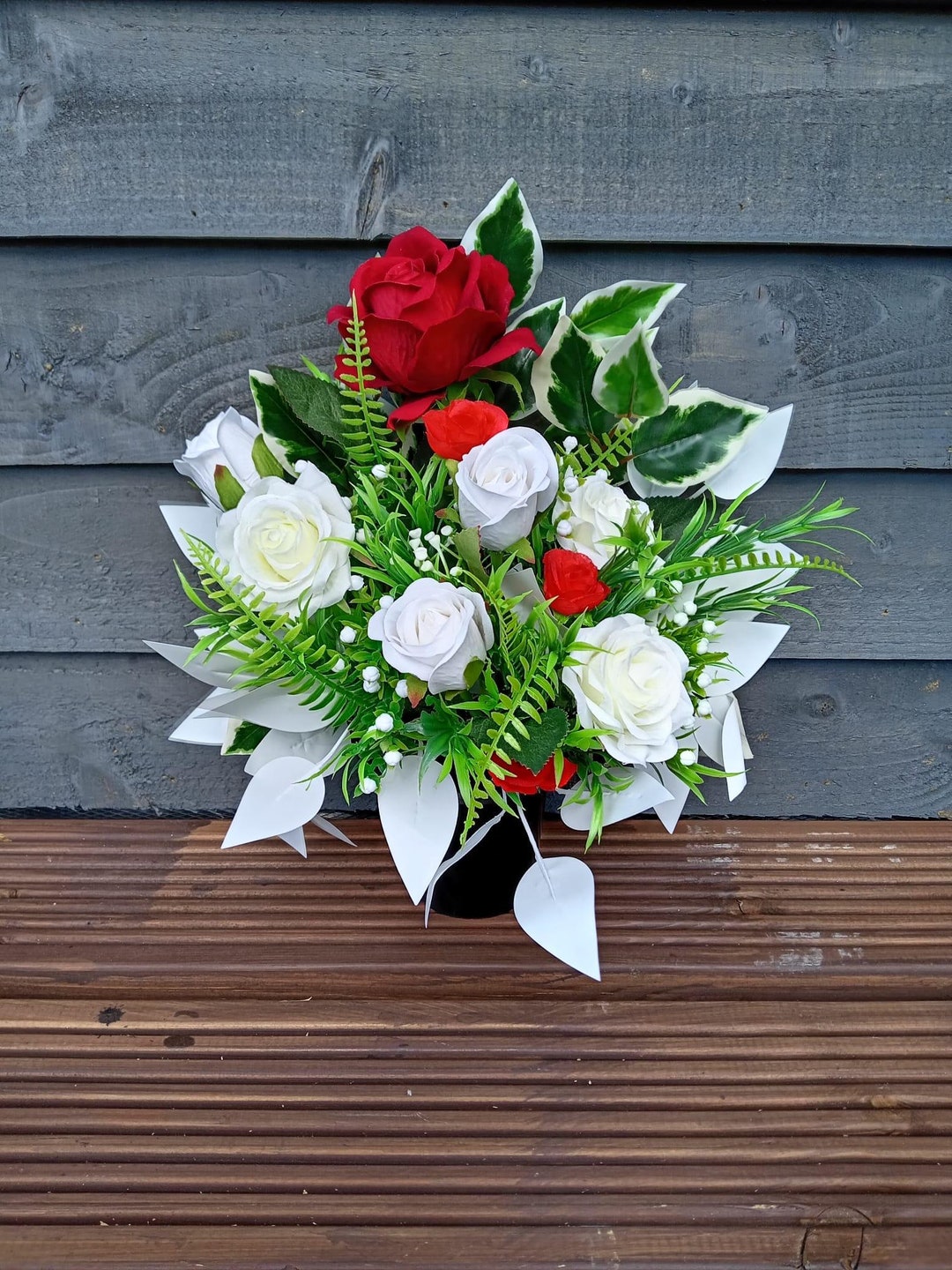 Red & White Rose Faux Funeral Pot - Etsy