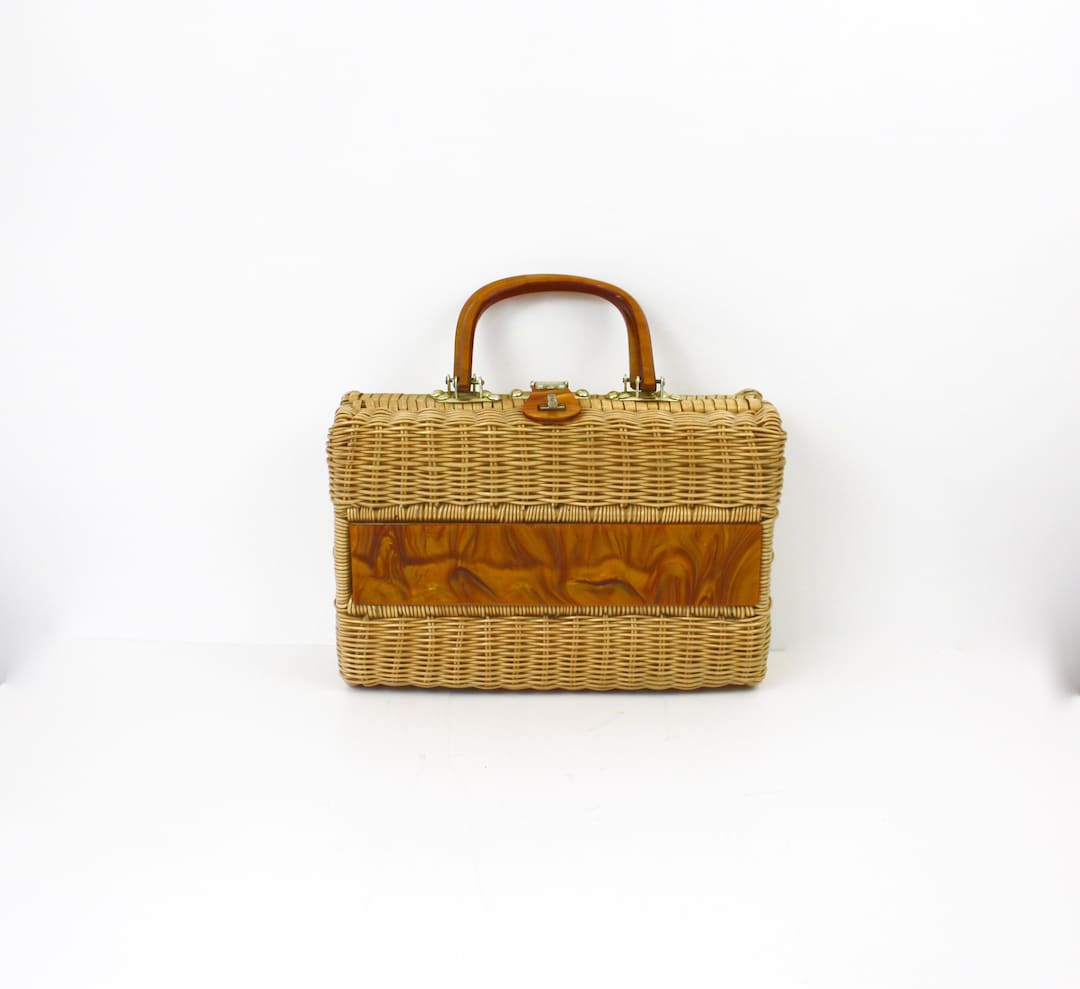 60s Wicker Box Purse Faux Tortoiseshell Lucite Front & Double Handles ...