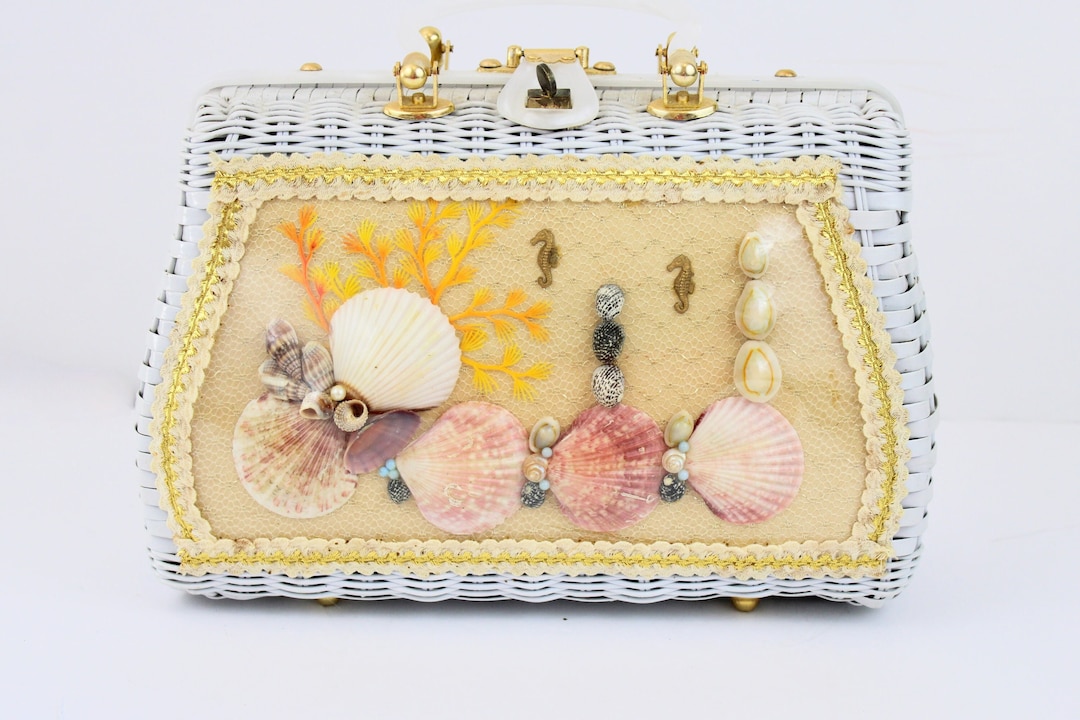 Vintage Wicker Box Purse Princess Charming White Vinyl W Sea Shells ...