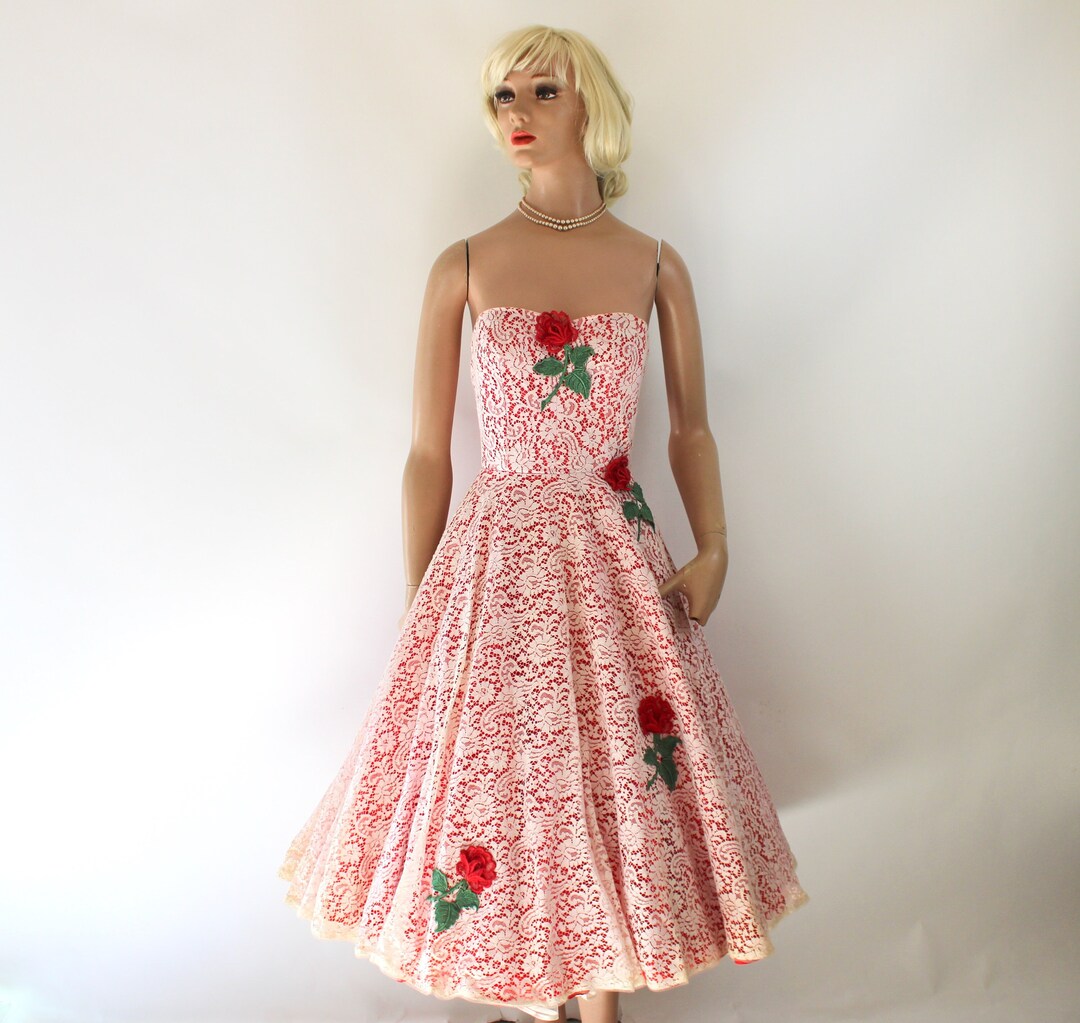 Vintage 50s Prom Dress Strapless Red W White Lace Full Skirt Size 11 ...